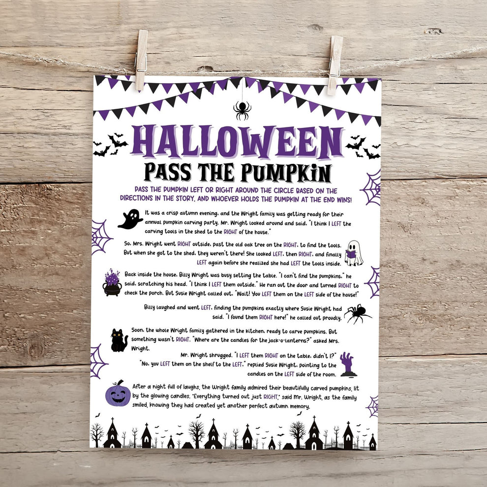 Halloween Pass the Pumpkin Printable Game Purple 8.5x11 – Droo & Aya