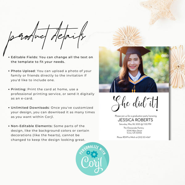 She Did It! Editable Graduation Party Invitation Template – Droo & Aya